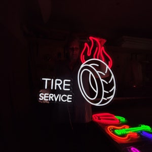 Tire Service Neon Sign, Car Wheel With Fire Led Light, Car Service Neon ...