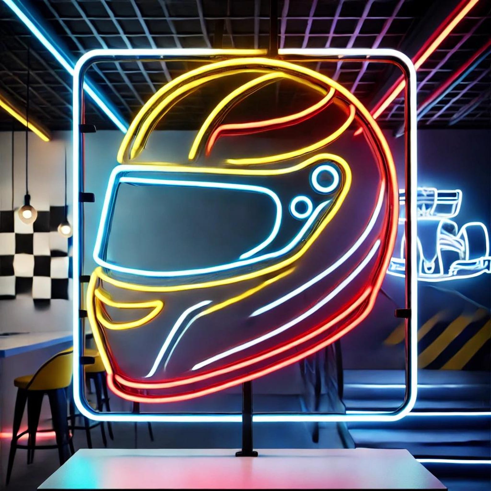 Custom Neon Sign Auto Racing. Helmet, Sports Car Steering Wheel ...