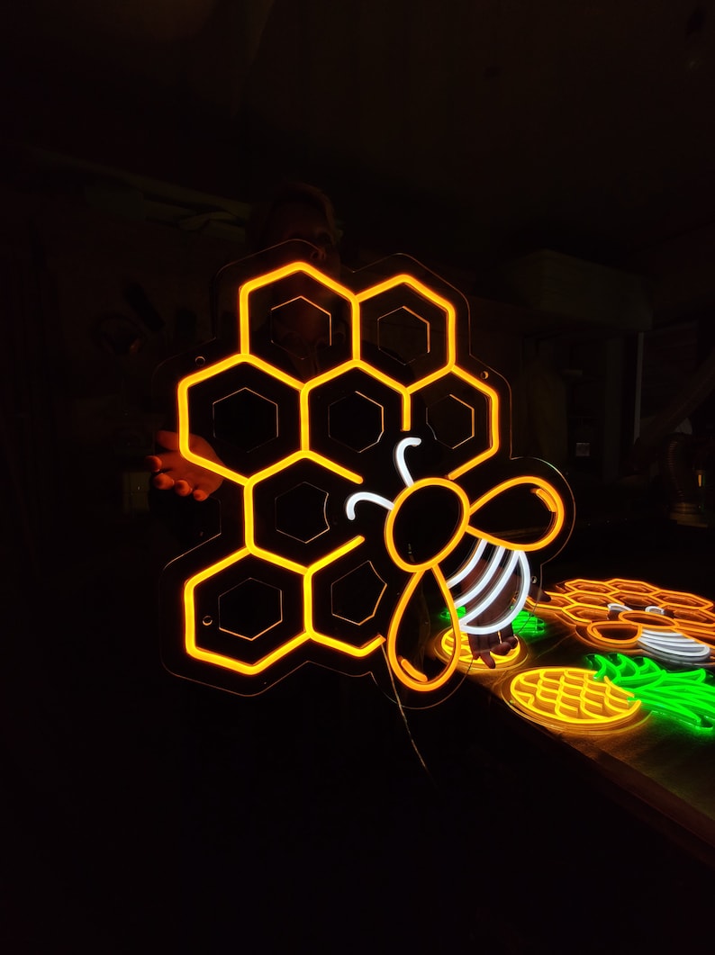 Honeycomb Neon Sign Bee Led Neon Light Honey Bee Led Night - Etsy