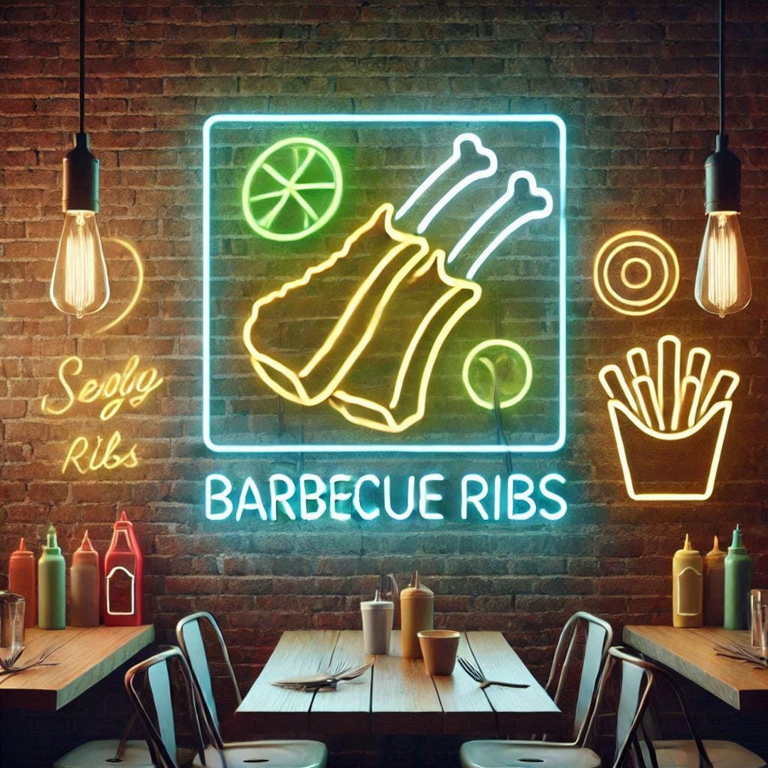 BBQ Ribs Neon Sign - Custom LED Barbecue Light Sign. Grill Decor - Ribs ...
