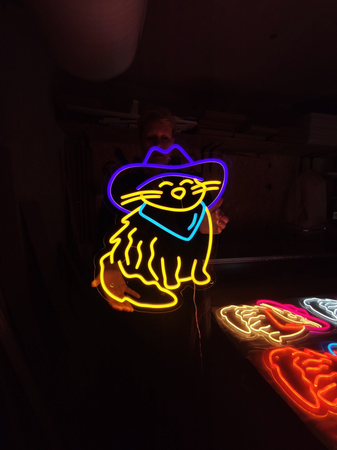 Cat in a Cowboy Hat Neon Sign, Cowboy Cat Led Sign, Western Decor Led ...