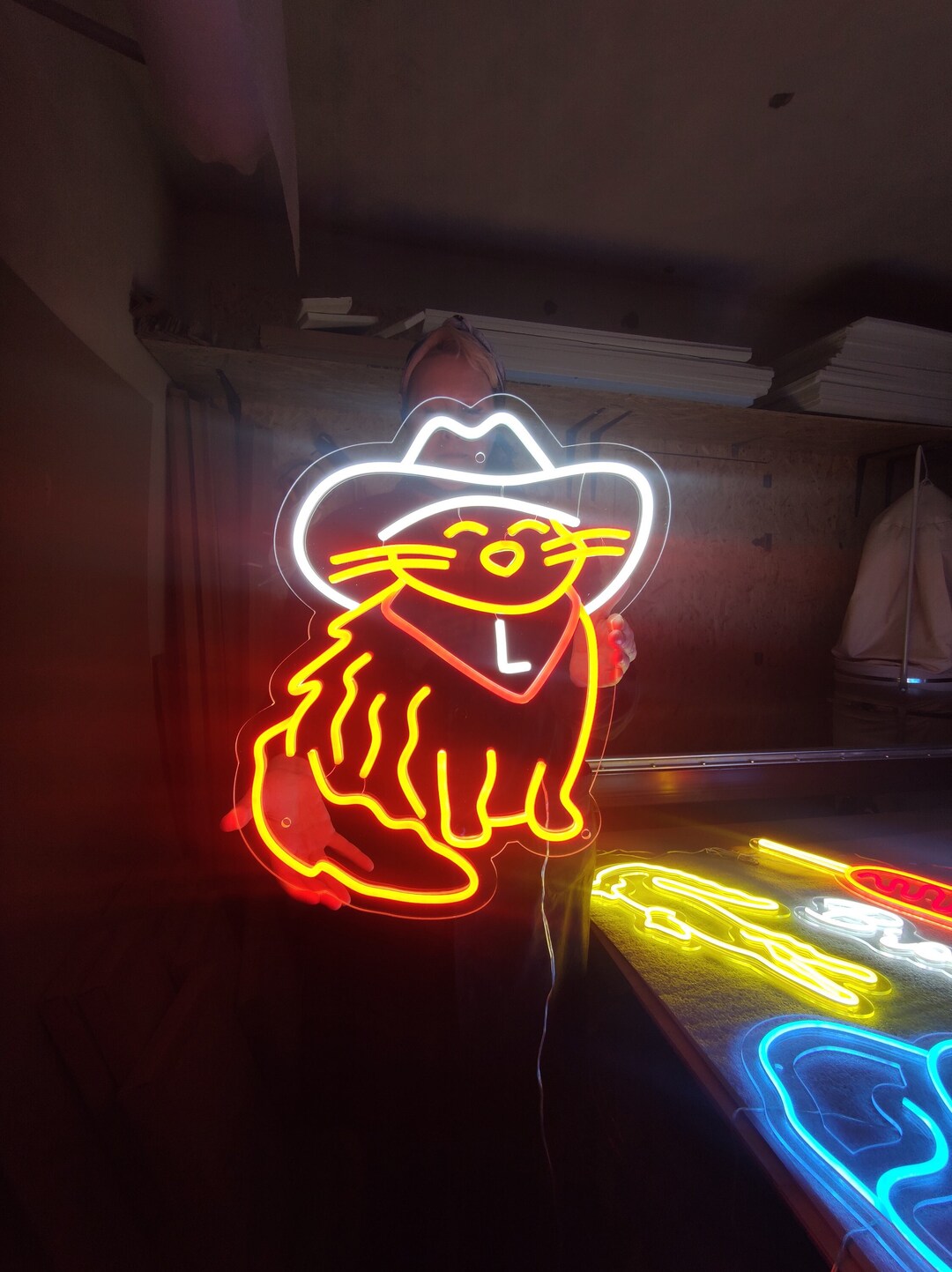 Cat in a Cowboy Hat Neon Sign, Cowboy Cat Led Sign, Western Decor Led ...