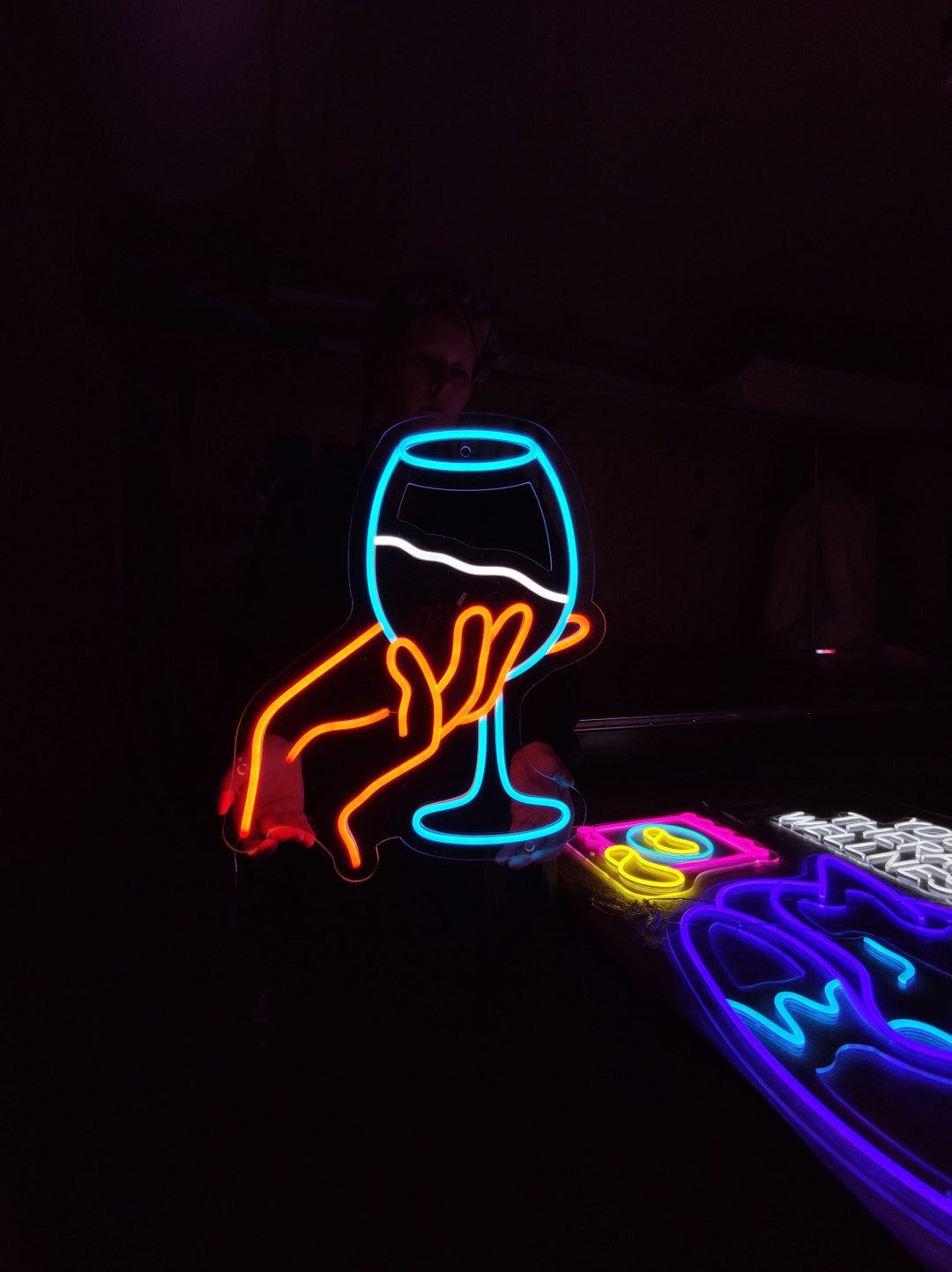 Glass of Wine Neon Sign, Hand Hold Wine Led Neon, Champagne Led Light ...