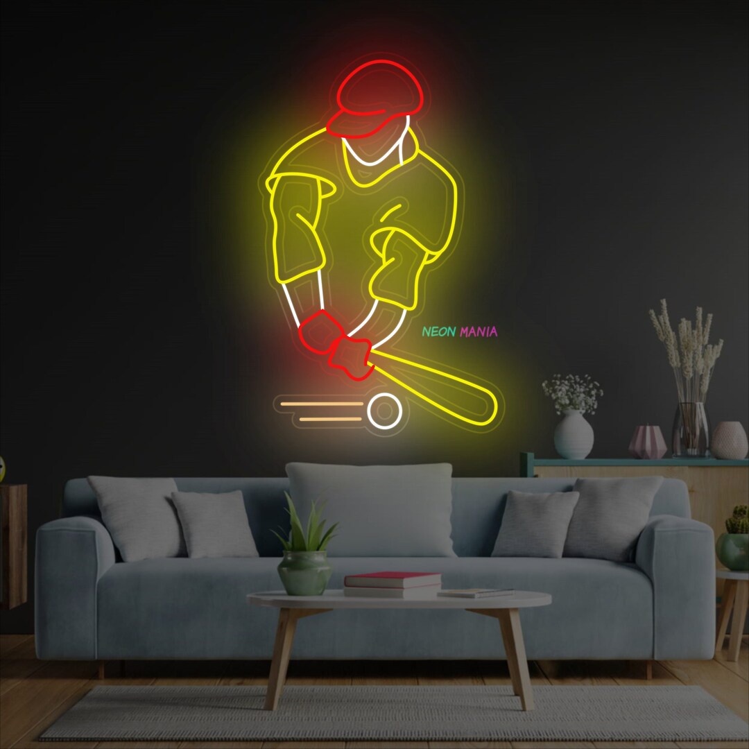 Baseball Player Neon Sign, Hitter Swinging Bat Led Sign, Batter Neon ...