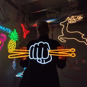 Percussion Mallets in a Hand Neon Sign, Drum Mallets Led Light, Beaters ...