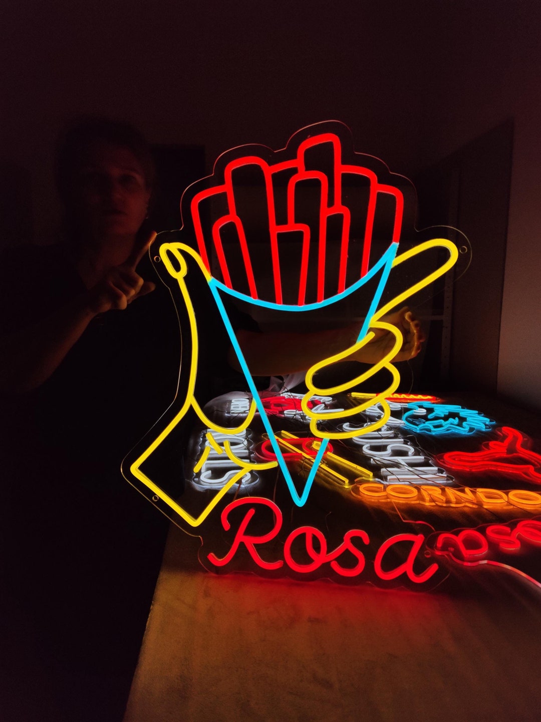 French Fries Neon Sign. French Fries in a Bag Led Light Sign. Fried ...