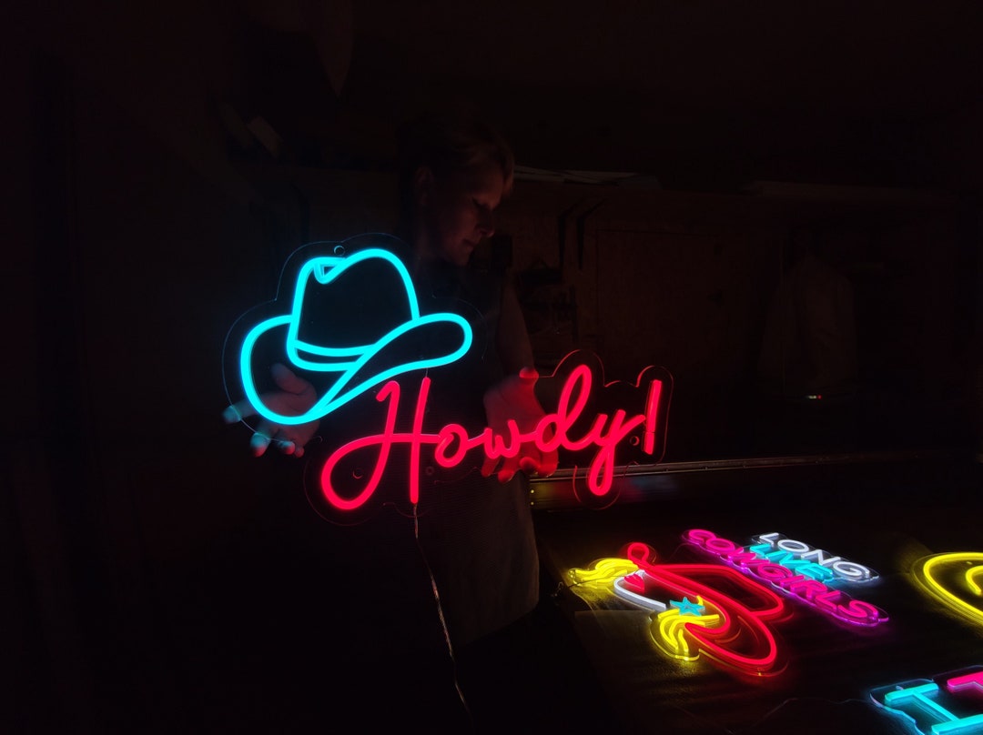 Howdy Neon Sign, Led Cowboy Hat Sign, Western Led Sign, North American ...