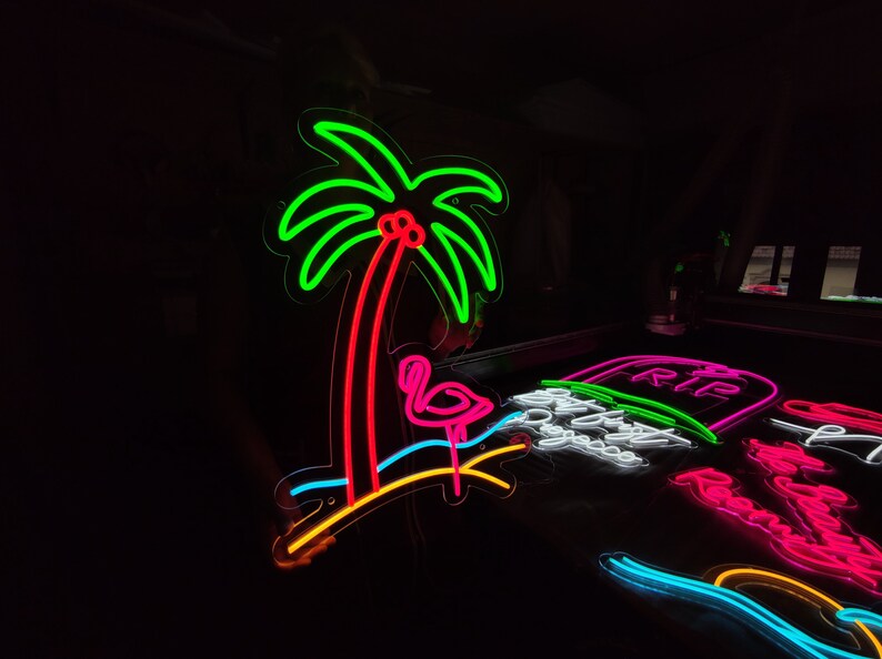 Flamingo Under a Palm Tree Neon Sign, Flamingo on the Island Led Light ...