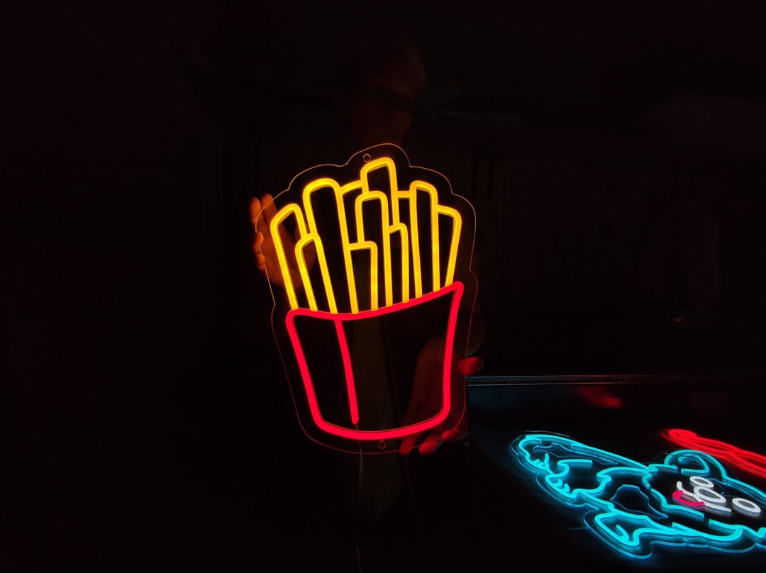 French Fries Neon Sign, Fried Potato Chips Neon Light, French Fries in ...