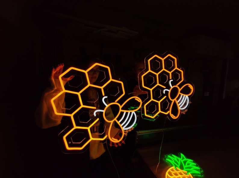 Honeycomb Neon Sign Bee Led Neon Light Honey Bee Led Night - Etsy