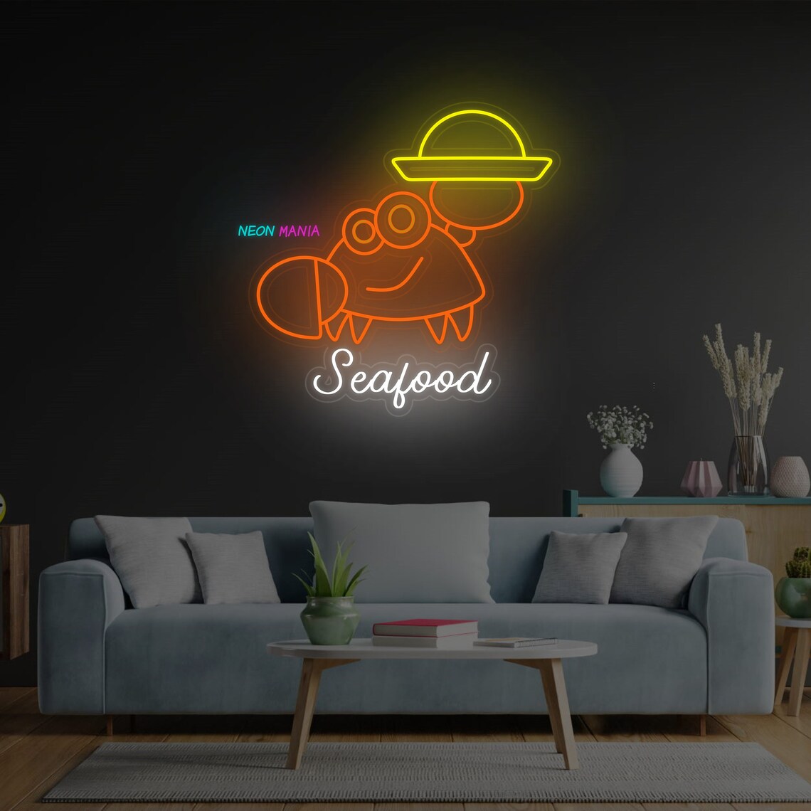 Seafood Neon Sign: the Perfect Sign for Seafood Restaurant. Crab With ...