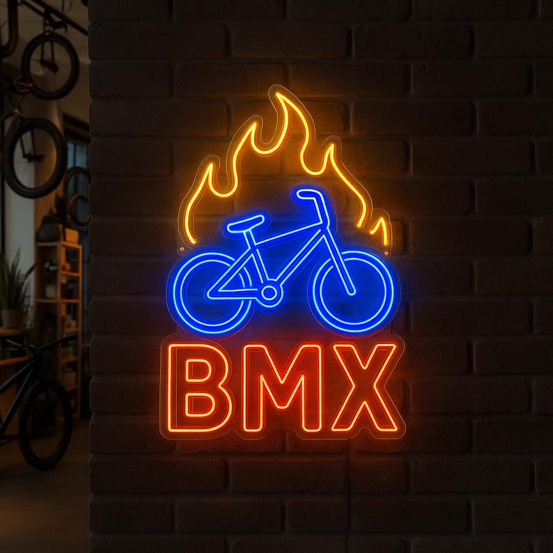 BMX Bike Neon Decor. Bicycle, Cyclist in Jump, Bicycle in Flames ...