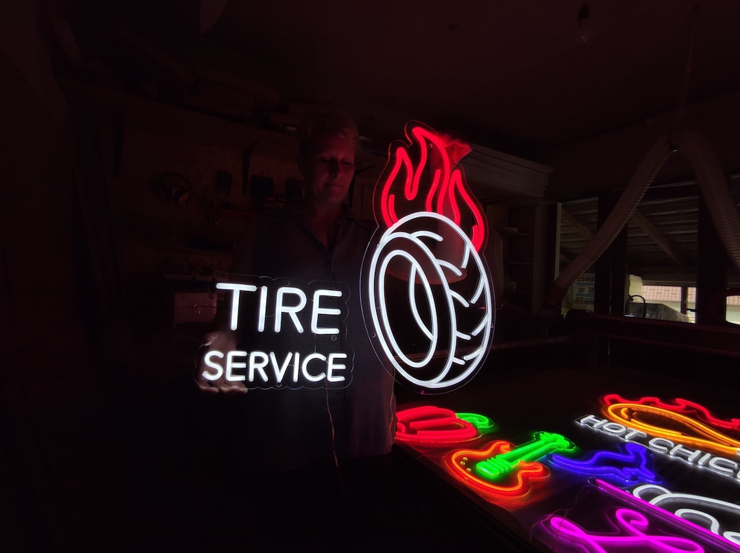 Tire Service Neon Sign, Car Wheel With Fire Led Light, Car Service Neon ...