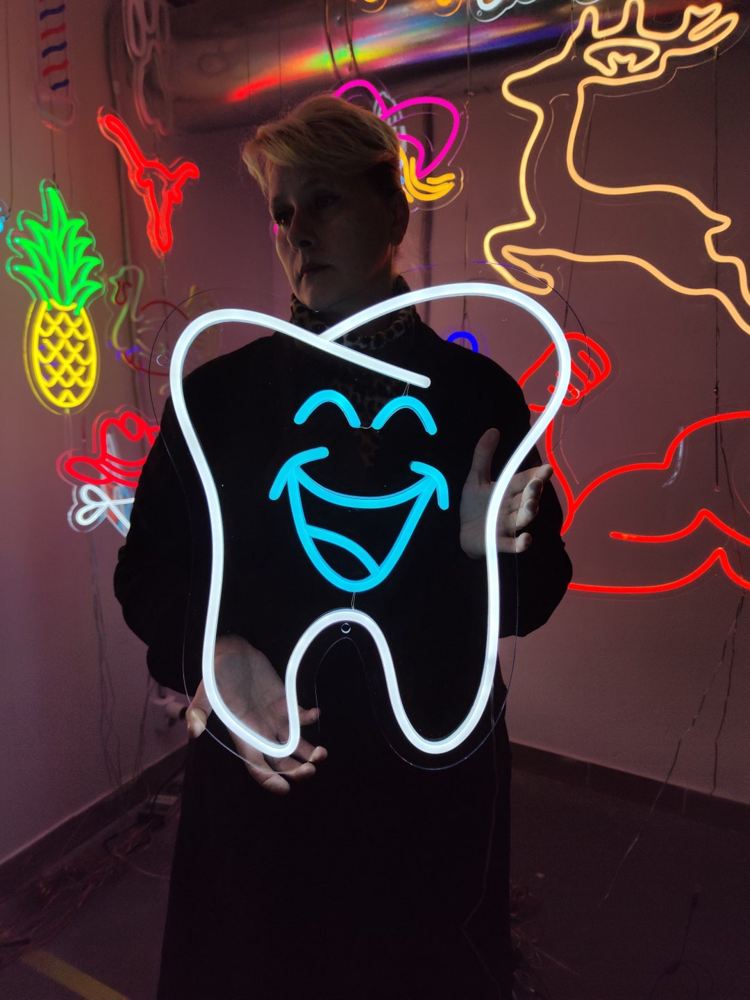 Happy Tooth Neon Sign, White Tooth Led Neon, Dentist Led Light, Dental ...