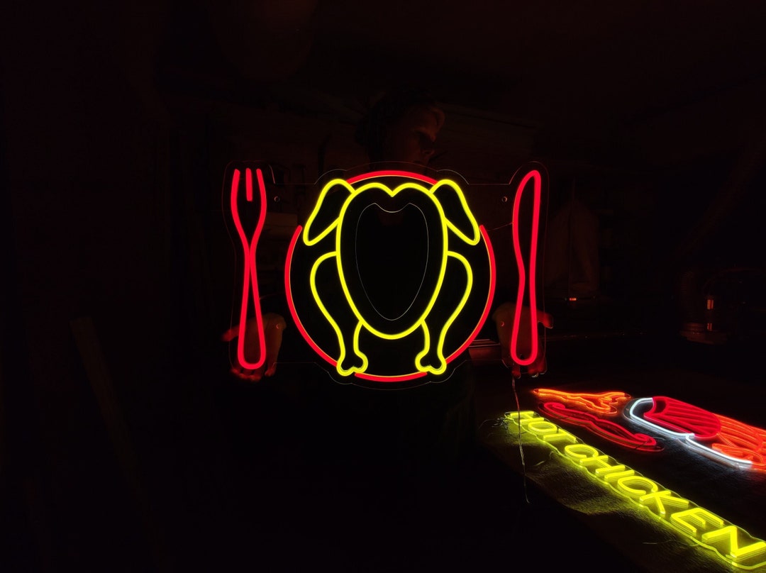 Chicken on the Plate Neon Sign, Roast Chicken Neon Lights, Baked ...
