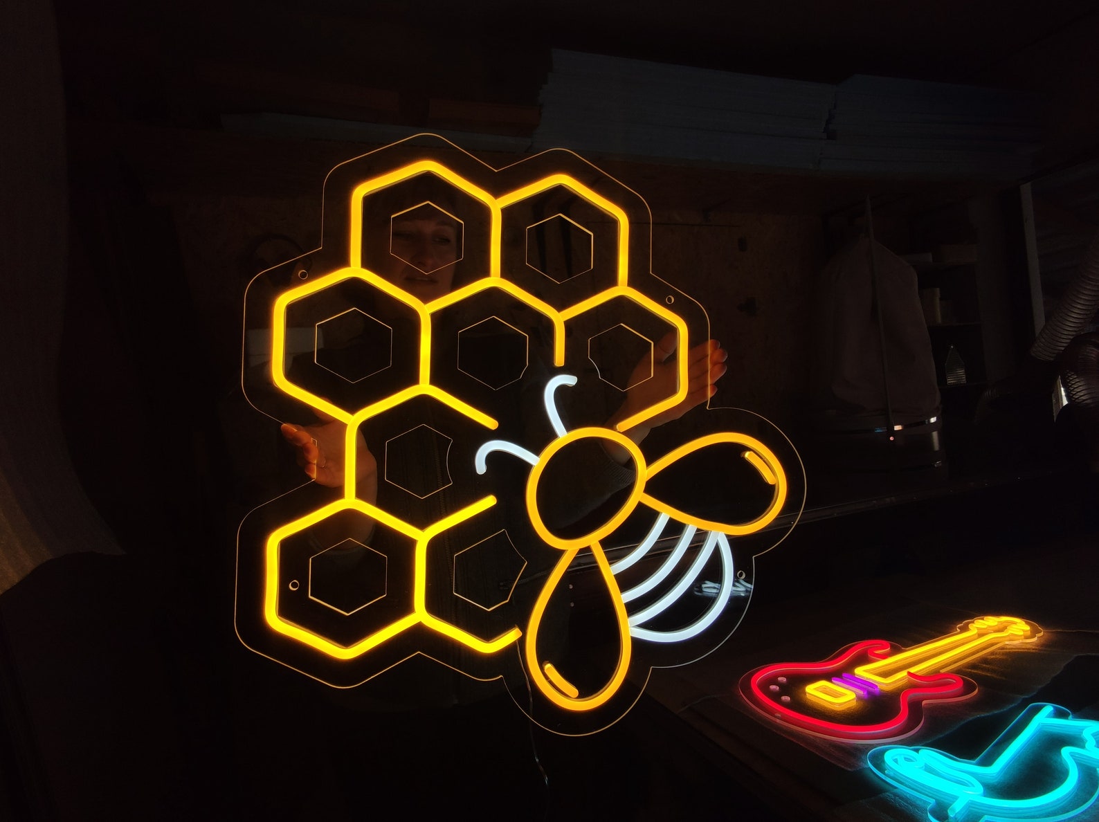Honeycomb Neon Sign Bee Led Neon Light Honey Bee Led Night - Etsy