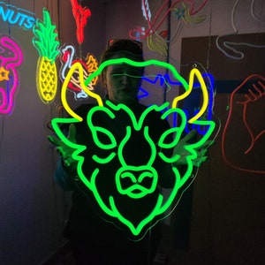 Bison Neon Sign, Bison Head Led Neon, Buffalo Light Sign, Animal Sign ...