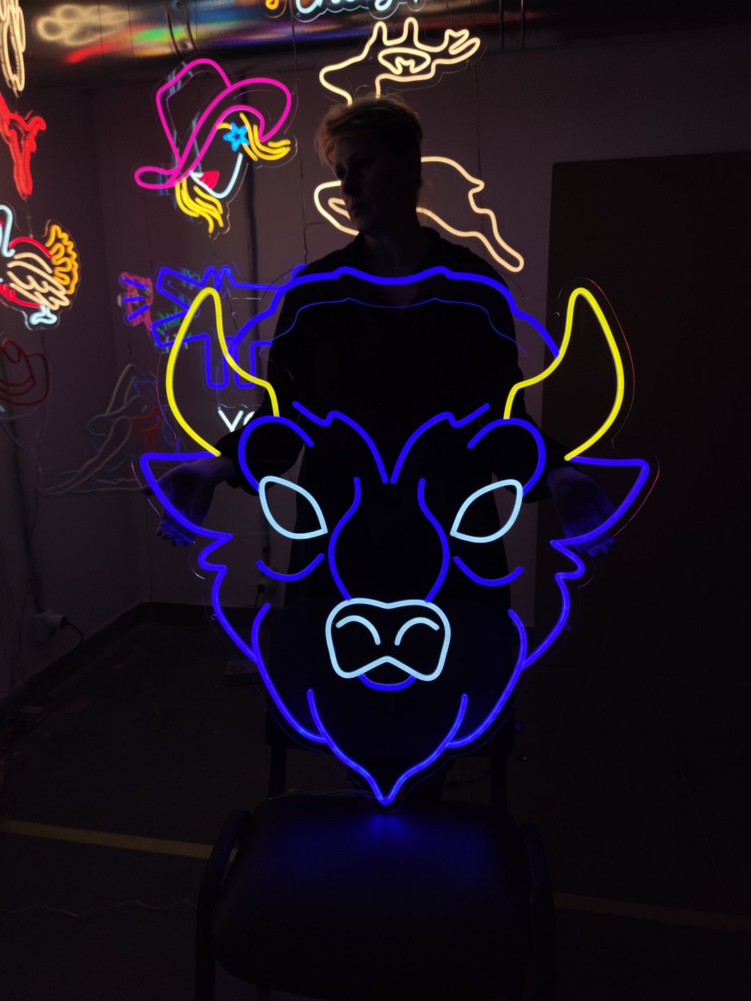 Bison Neon Sign, Bison Head Led Neon, Buffalo Light Sign, Animal Sign ...