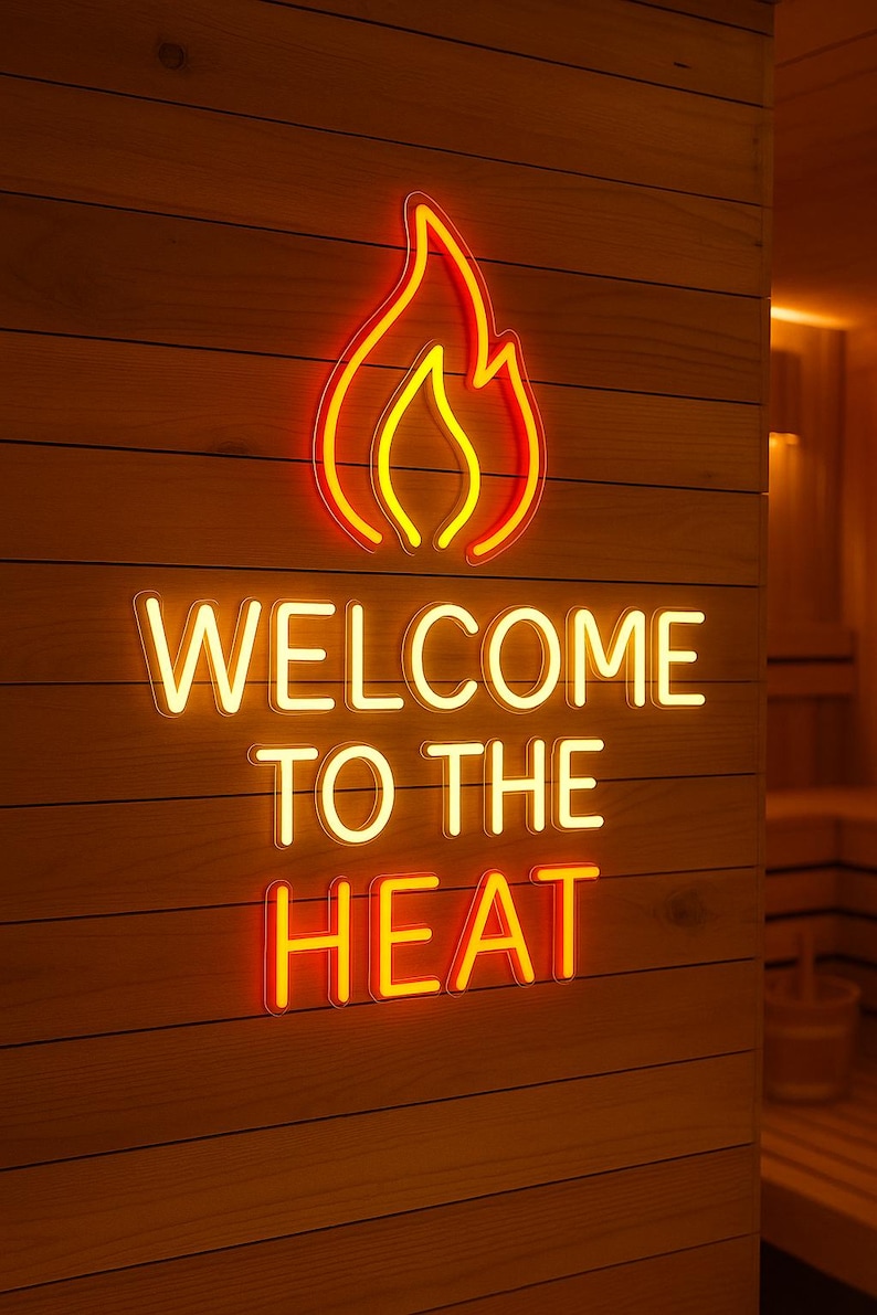 Sauna Neon Sign. Welcome to the Heat, Sauna Time, Bath Broom, Palm Tree ...