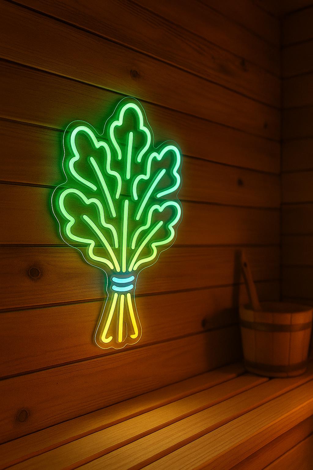 Sauna Neon Sign. Welcome to the Heat, Sauna Time, Bath Broom, Palm Tree ...