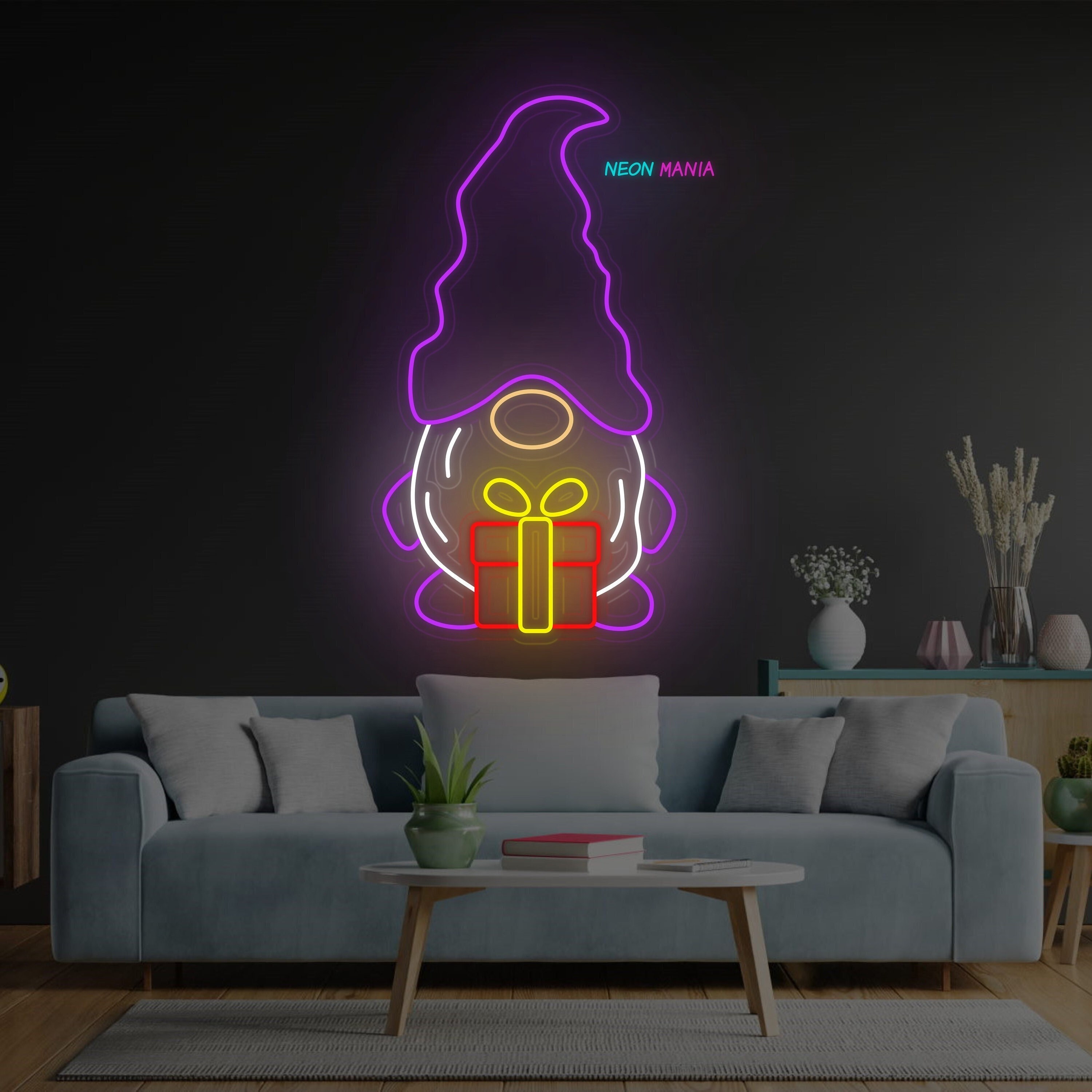 Gnome Neon Sign, Christmas Gnome Led Neon, Custom Gnome With a Present ...