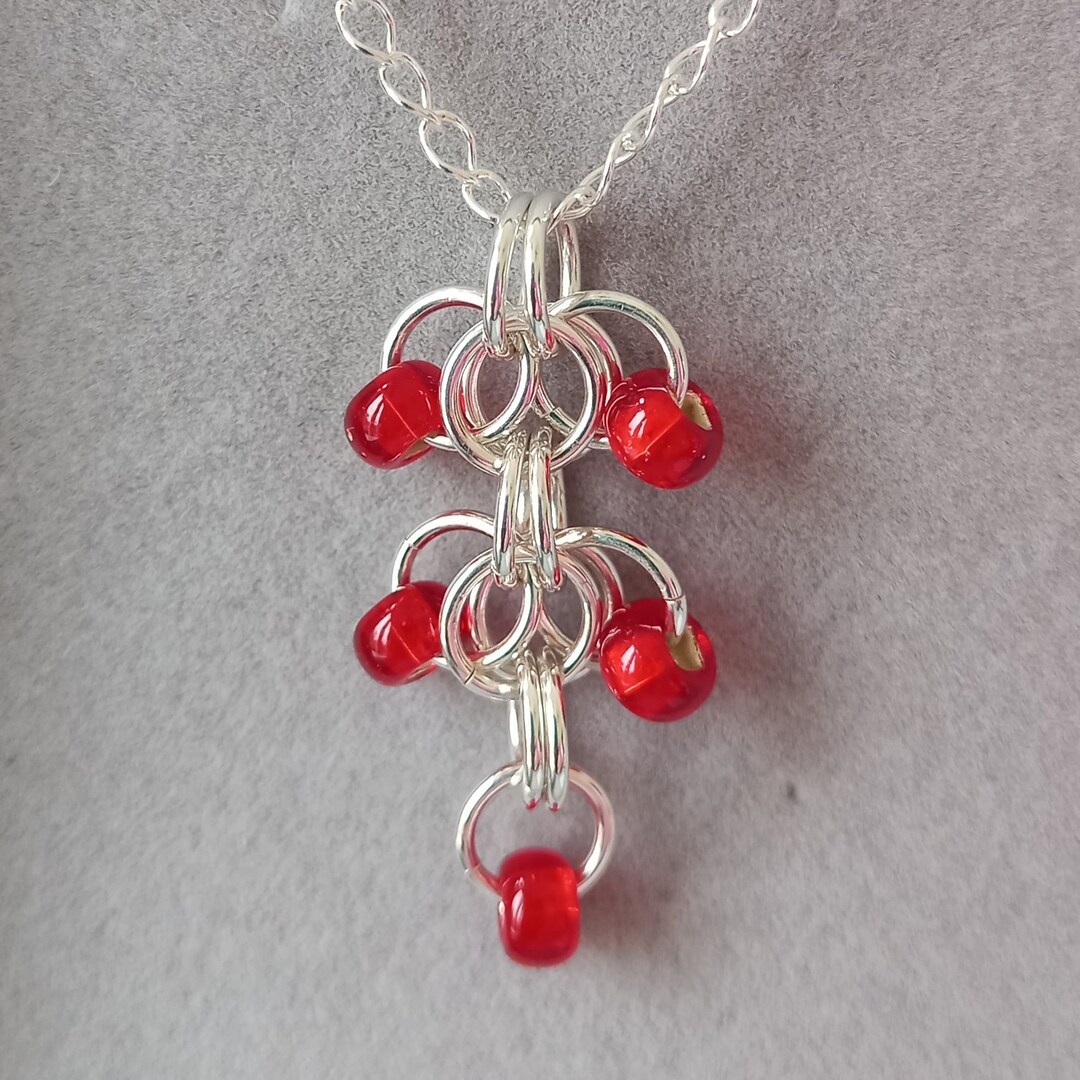 Red Bead Necklace, Sterling Silver, Pendant Necklace, Silver Chain ...