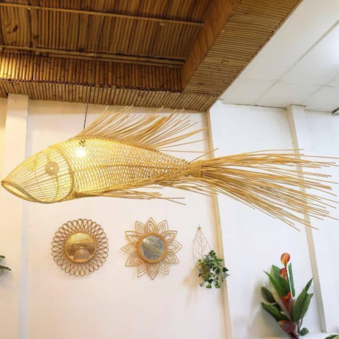 Fish Pendant Light Rattan Chandelier Lighting Hanging Lamp Modern ...