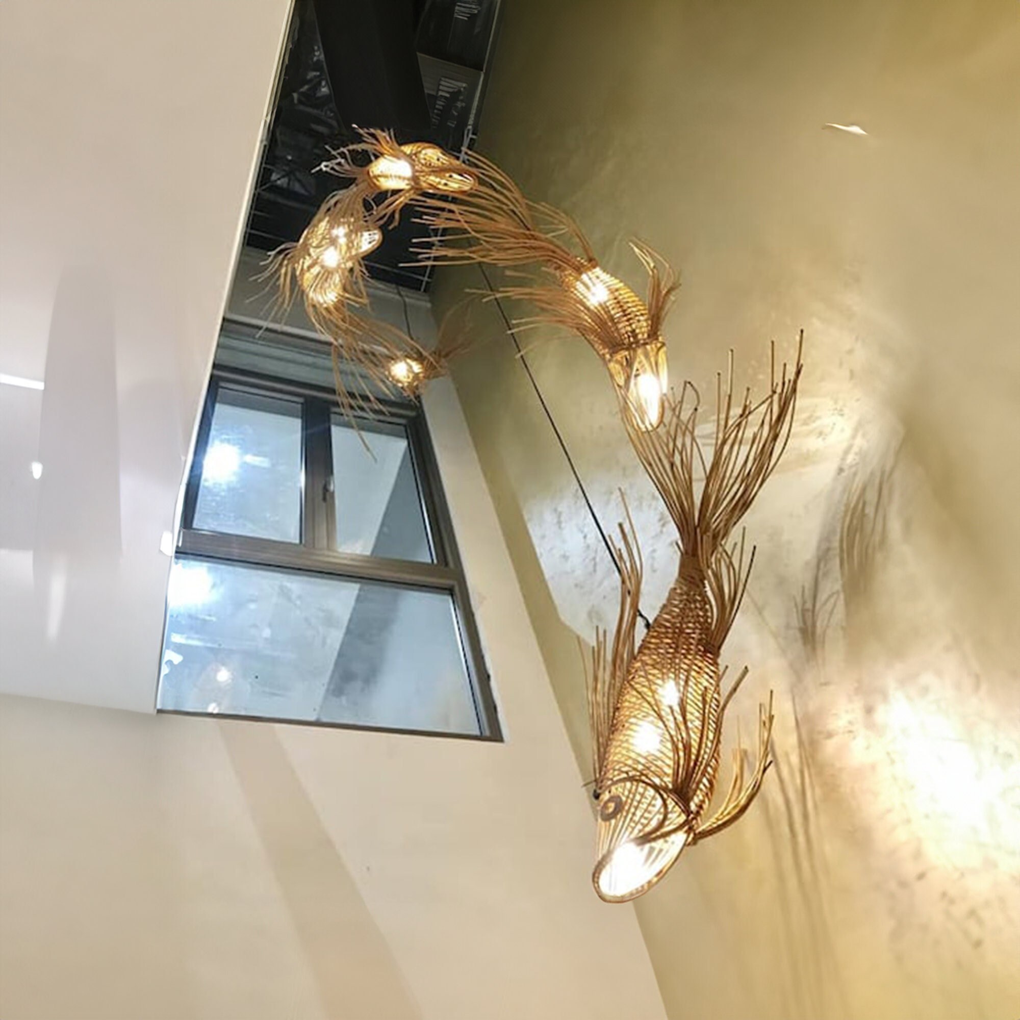 Fish Pendant Light Rattan Chandelier Lighting Hanging Lamp Modern ...