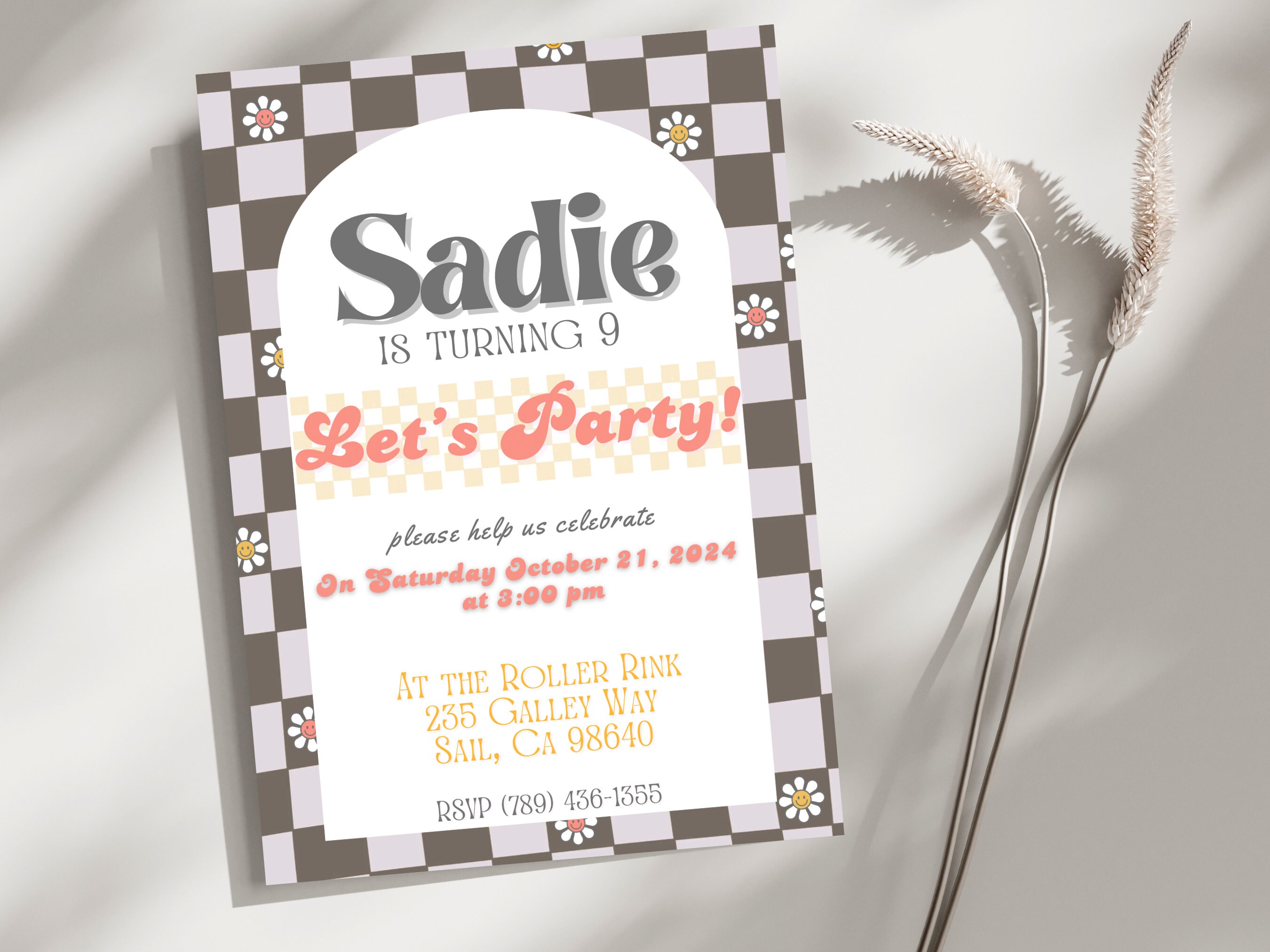 Checkers Girl Birthday Invitation, Cool Girl Birthday Invite, Daisy ...