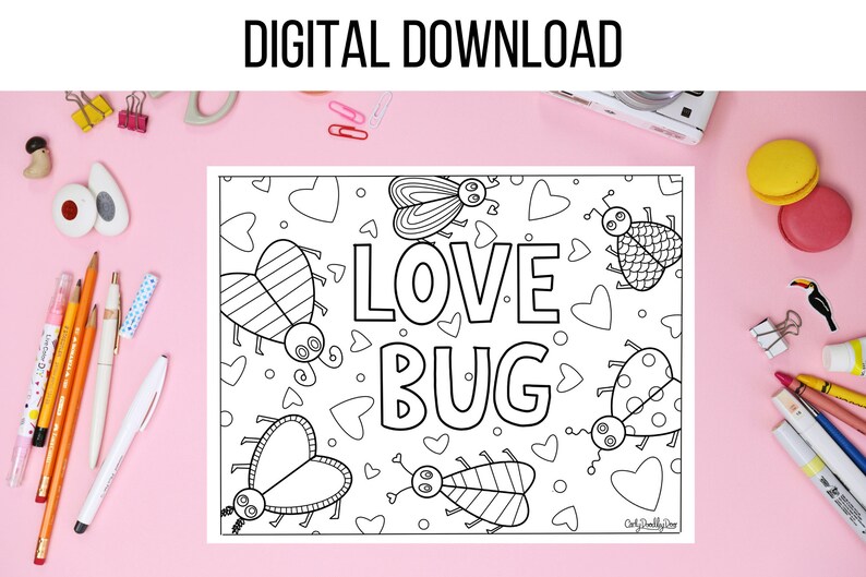 Love Bug Digital Coloring Page, Valentines Day Activity, Insect Love ...