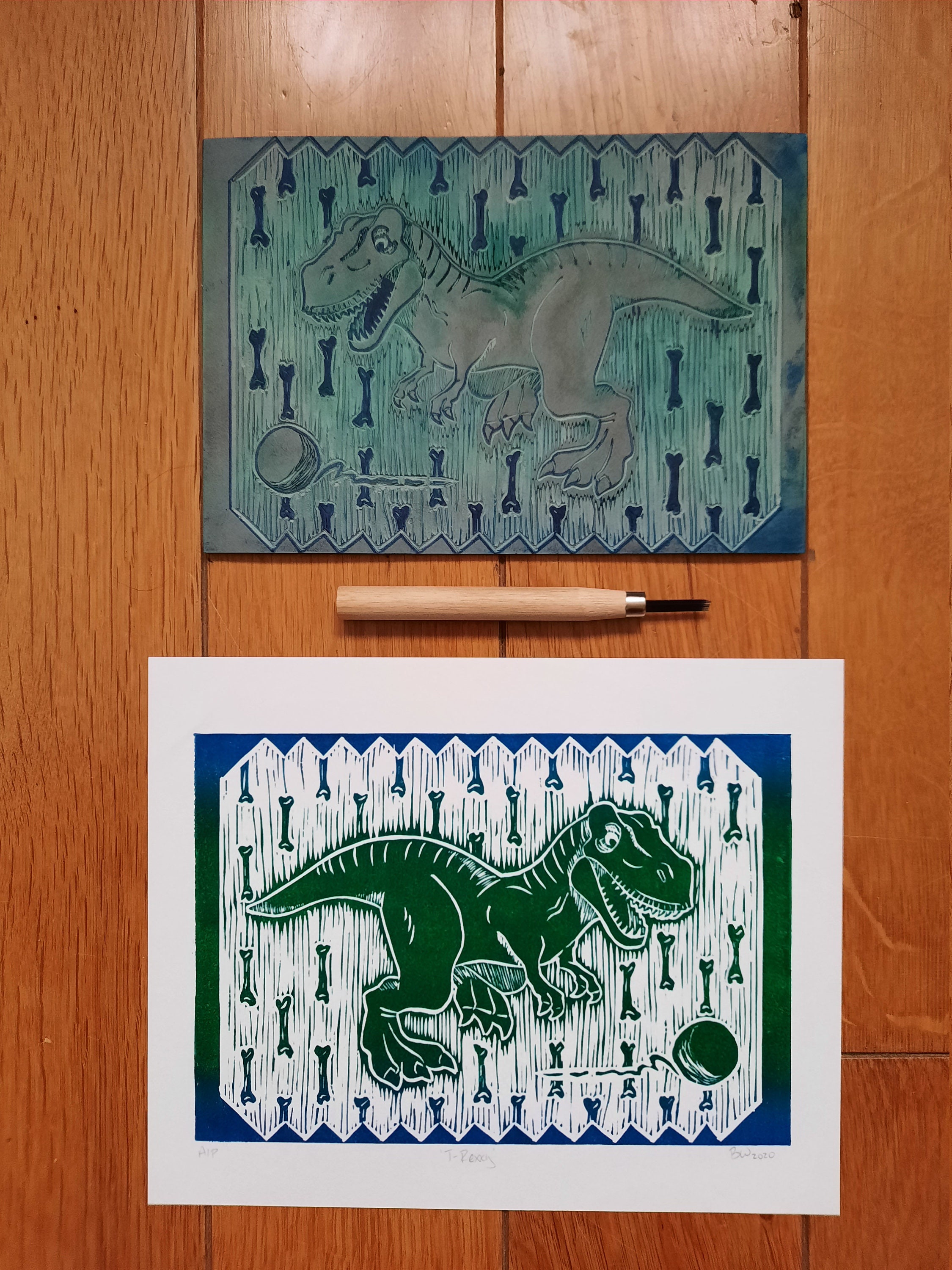 T-rex Playing Football Soccer Linocut Print Dinosaur Sports Wall Art ...