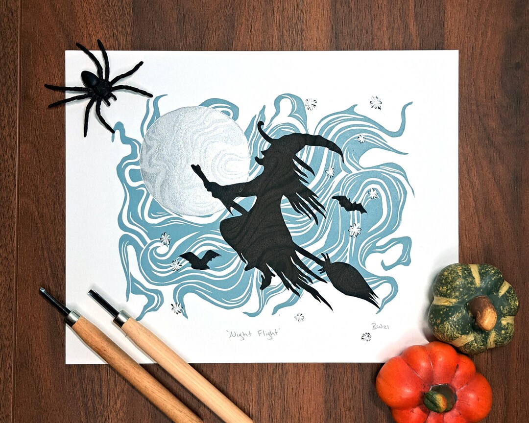 Witch Linocut Print With Full Moon - Halloween Art, Hand-carved Block ...