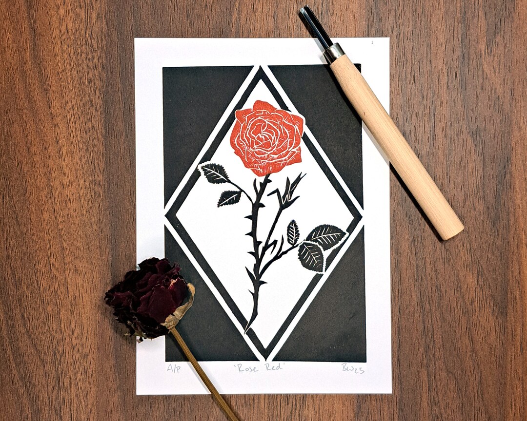 Red Rose Linocut Print Romantic Floral Wall Art Handcrafted Dramatic ...
