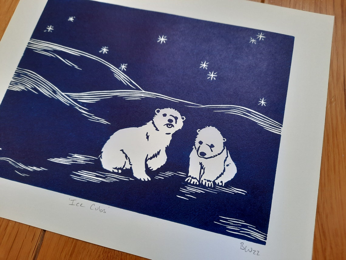Polar Bear Cubs in Snow Linocut Print Arctic Wildlife Art Handcrafted ...