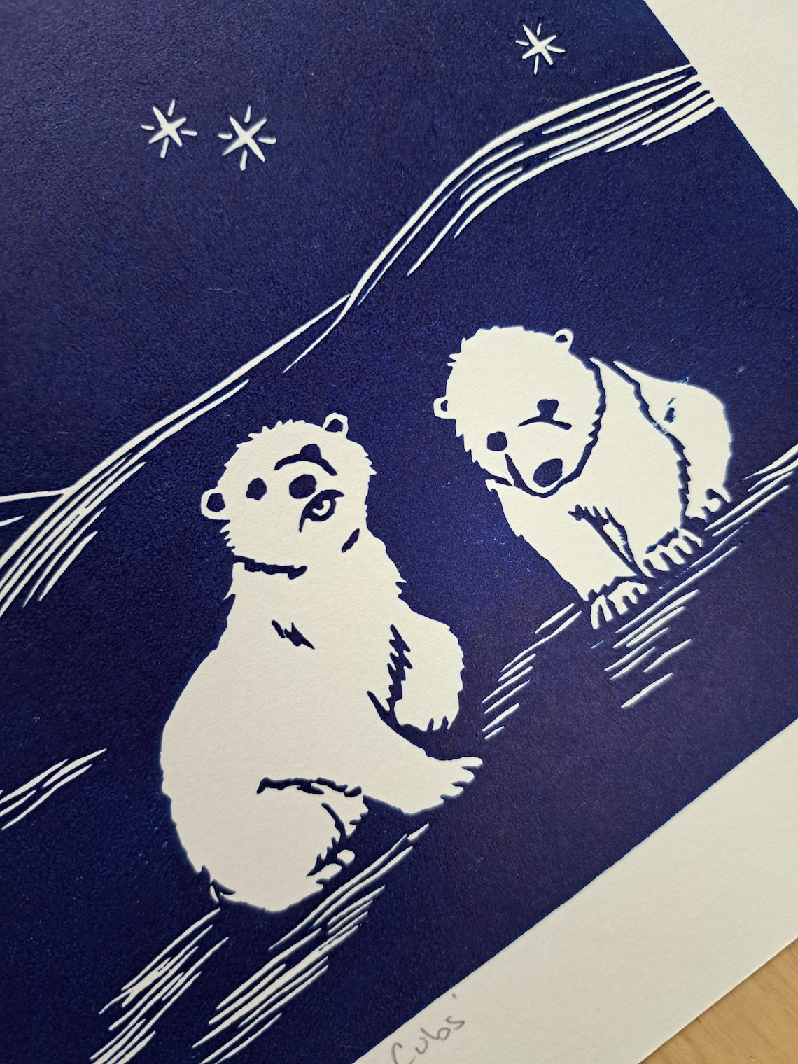 Polar Bear Cubs in Snow Linocut Print Arctic Wildlife Art Handcrafted ...