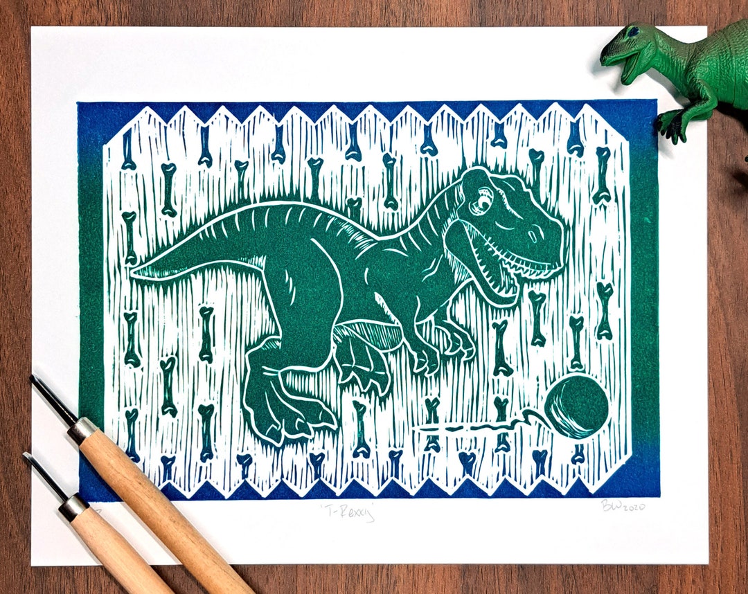 T-rex Playing Football Soccer Linocut Print Dinosaur Sports Wall Art ...