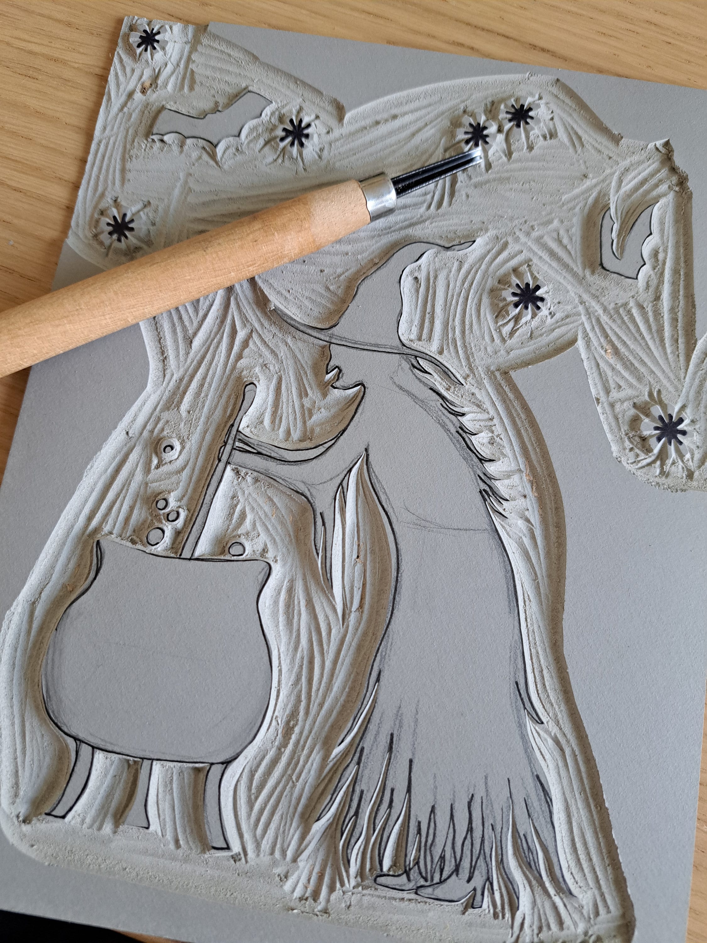 Witch Linocut Print With Cauldron - Halloween Art, Hand-carved Block ...