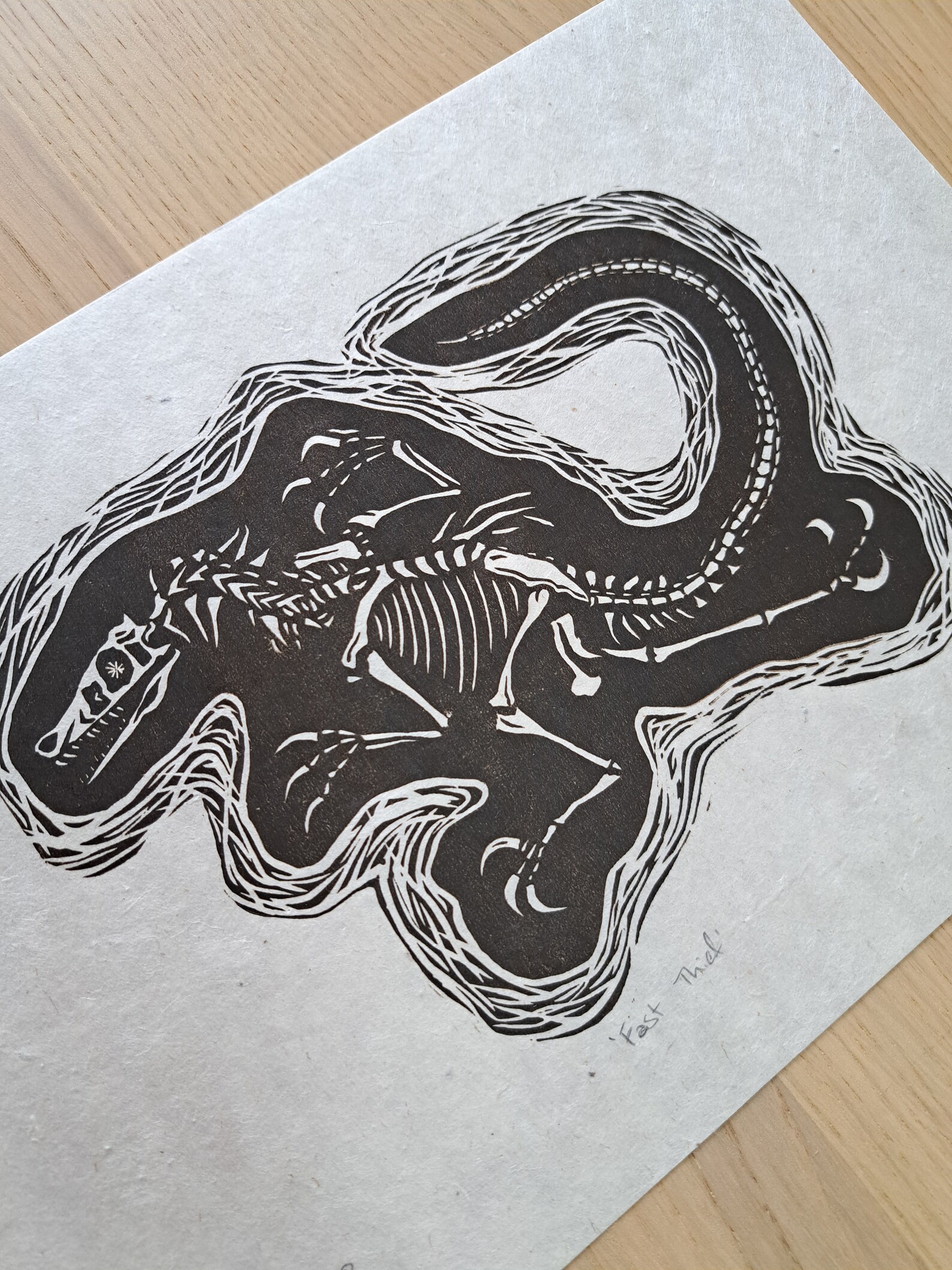 Raptor Fossil Linocut Print Dinosaur Skeleton Wall Art Palaeontology ...