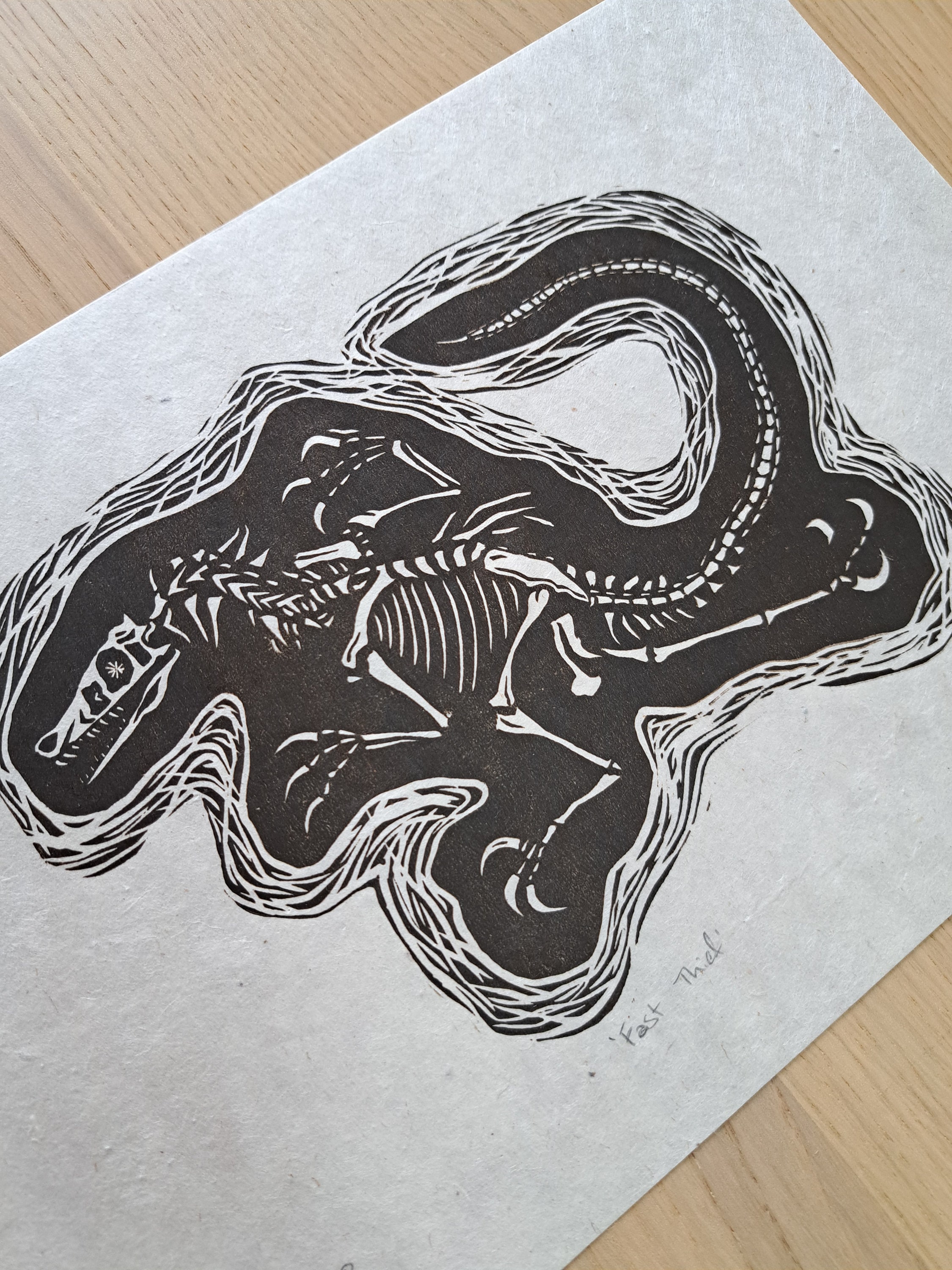 Raptor Fossil Linocut Print Dinosaur Skeleton Wall Art Palaeontology ...