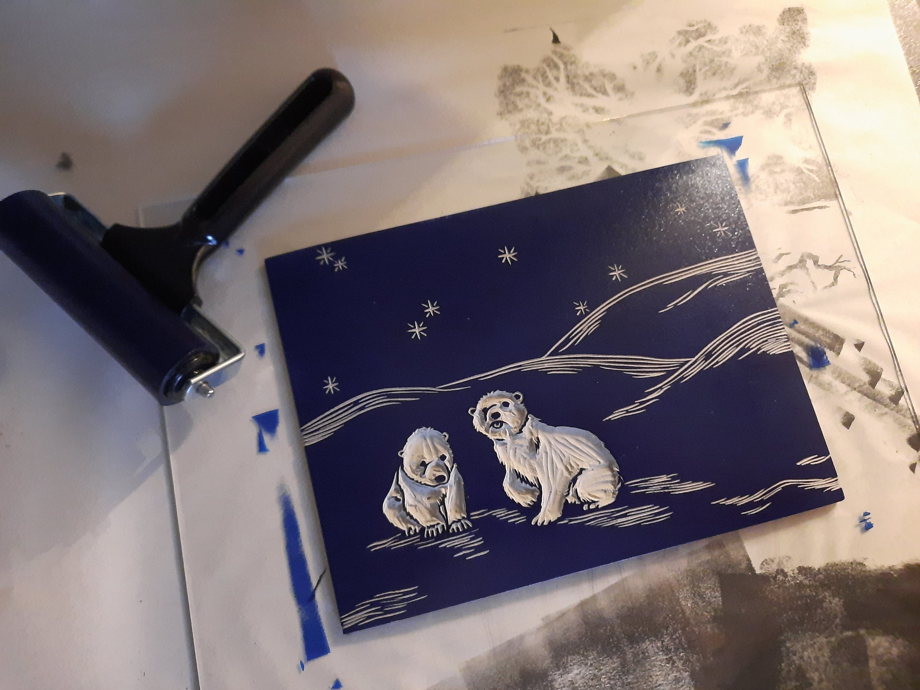 Polar Bear Cubs in Snow Linocut Print Arctic Wildlife Art Handcrafted ...