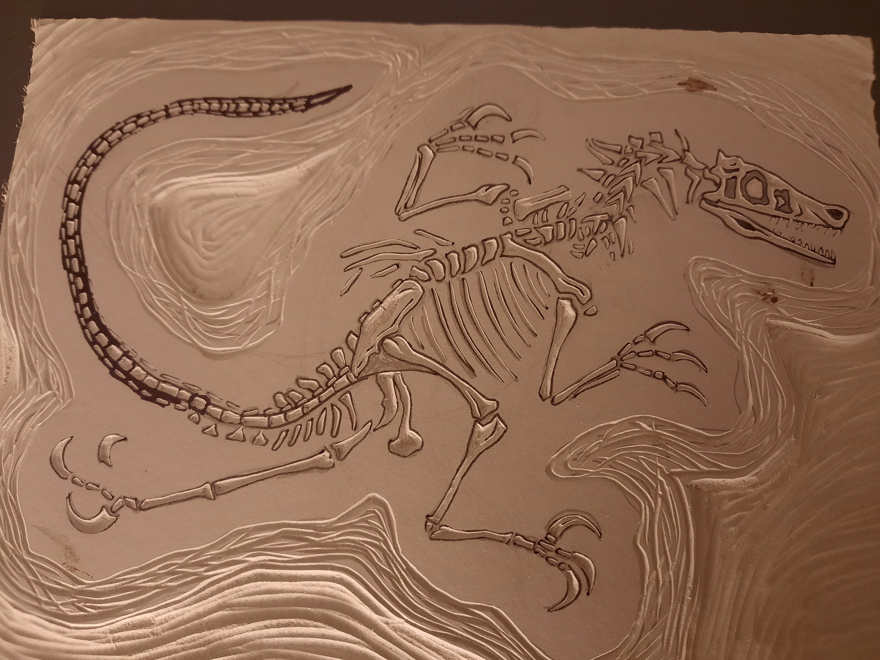 Raptor Fossil Linocut Print Dinosaur Skeleton Wall Art Palaeontology ...