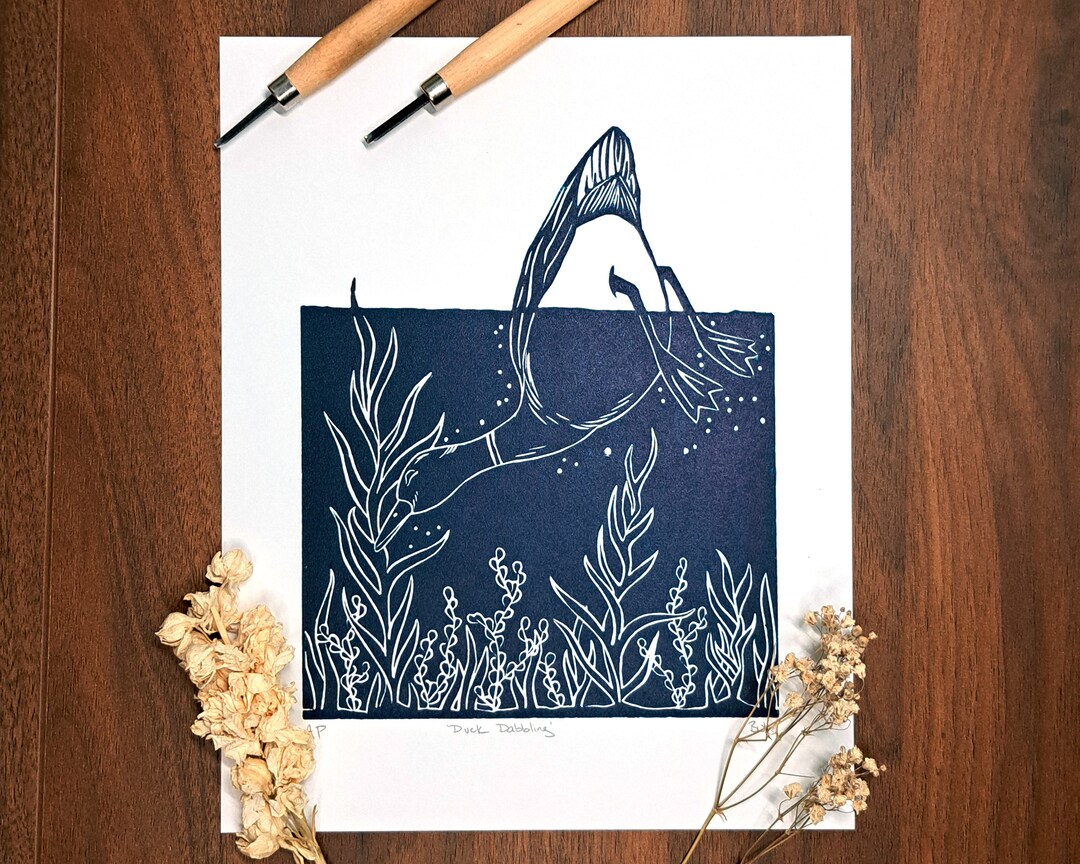 Duck Diving Linocut Print - Lino Block Art Wildlife Home Decor ...