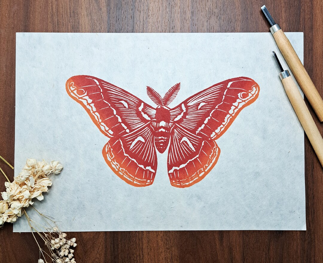 Atlas Moth Linocut Print Insect Wall Art Handcrafted Lino Block - Etsy