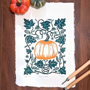 Pumpkin Linocut Print Fall Harvest Art, Hand-carved Block Print, Autumn ...