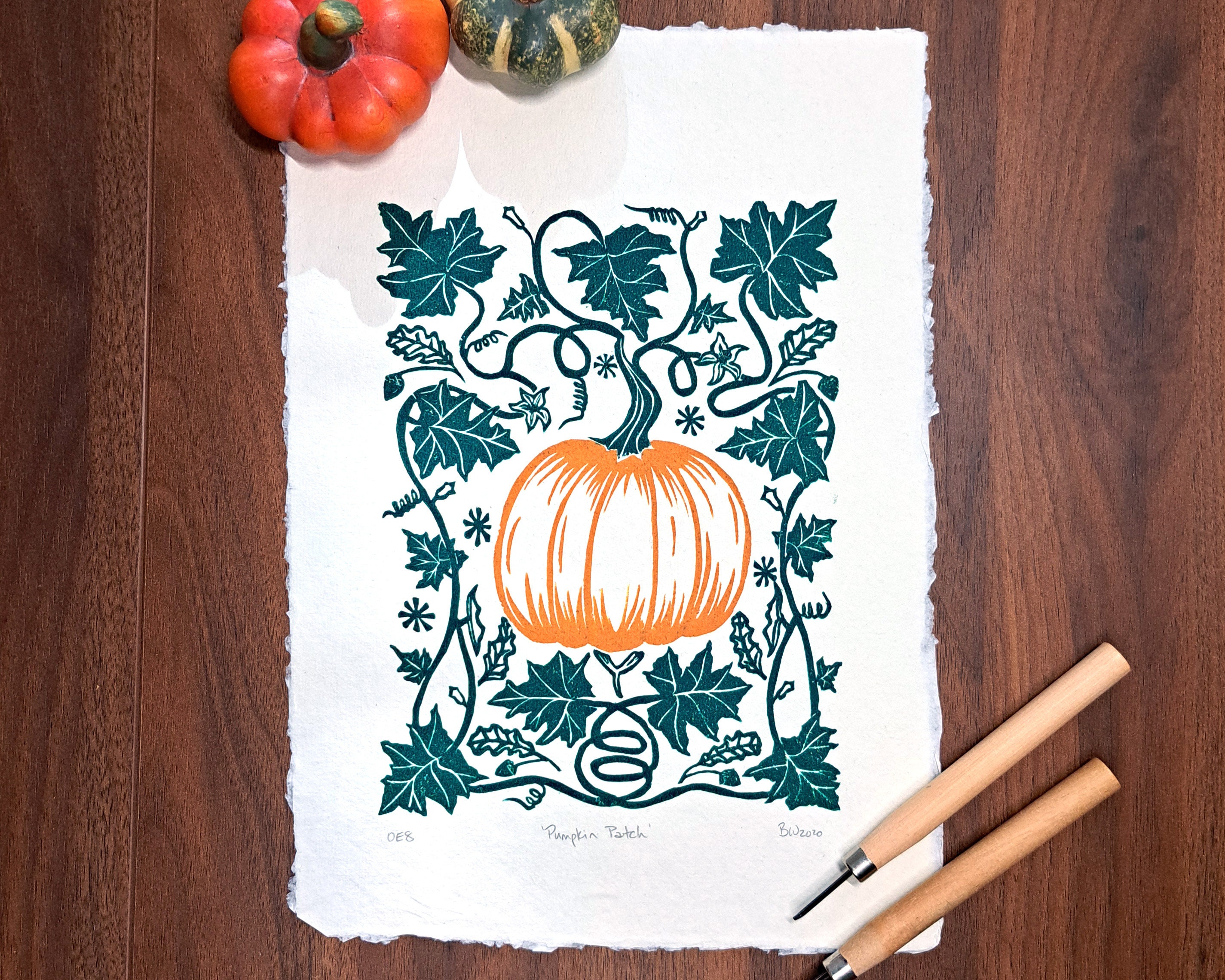 Pumpkin Linocut Print Fall Harvest Art, Hand-carved Block Print, Autumn ...