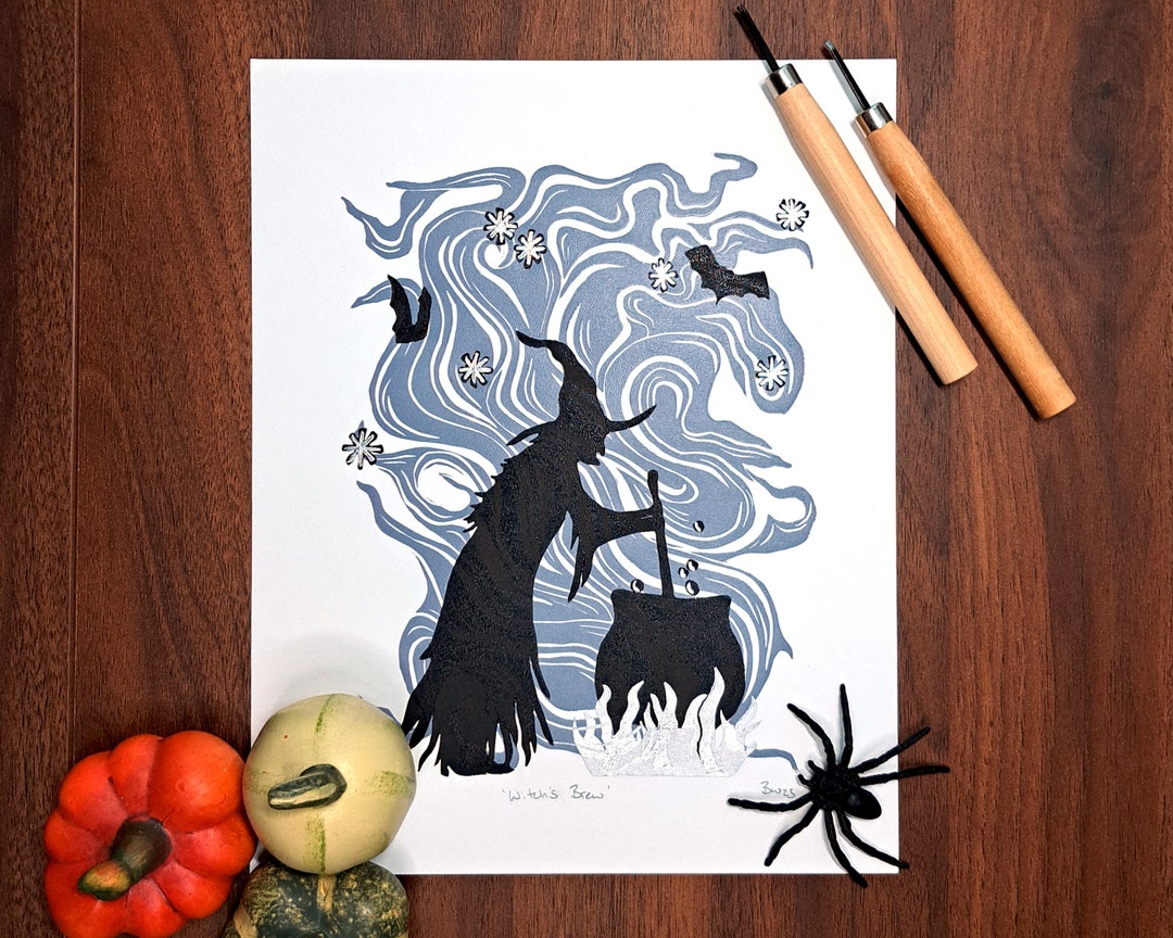 Witch Linocut Print With Cauldron - Halloween Art, Hand-carved Block ...