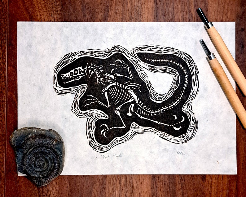 Raptor Fossil Linocut Print Dinosaur Skeleton Wall Art Palaeontology ...