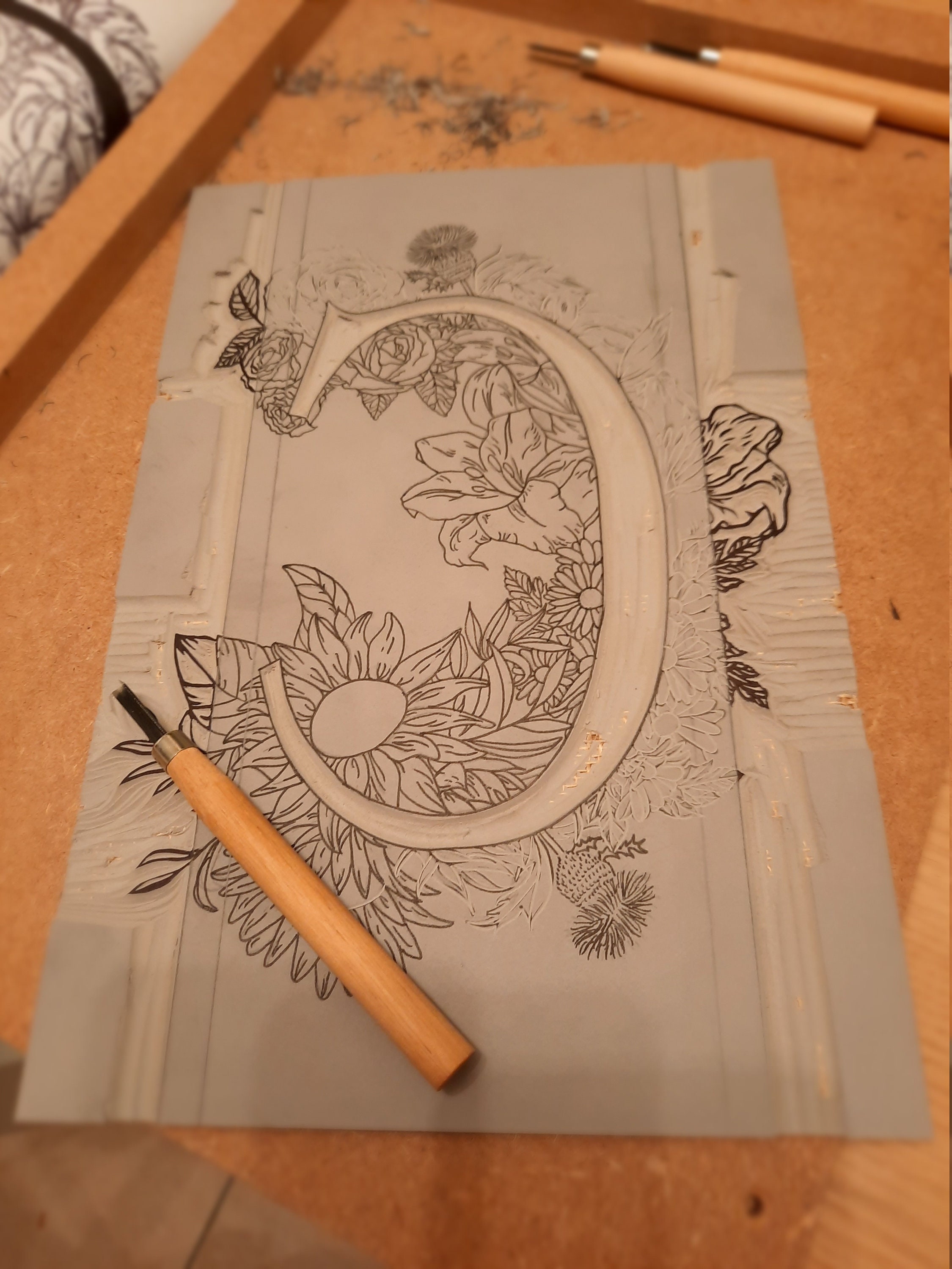 Letter C Floral Linocut Print Botanical Typography Art - Etsy