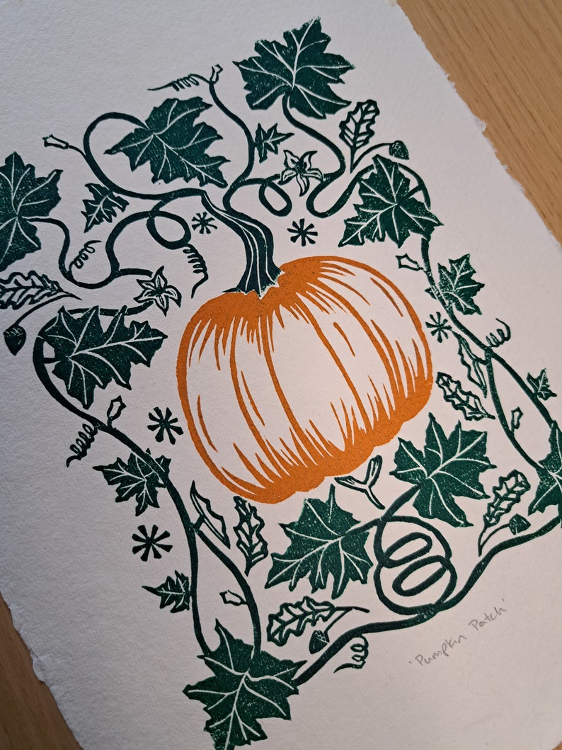 Pumpkin Linocut Print Fall Harvest Art, Hand-carved Block Print, Autumn ...