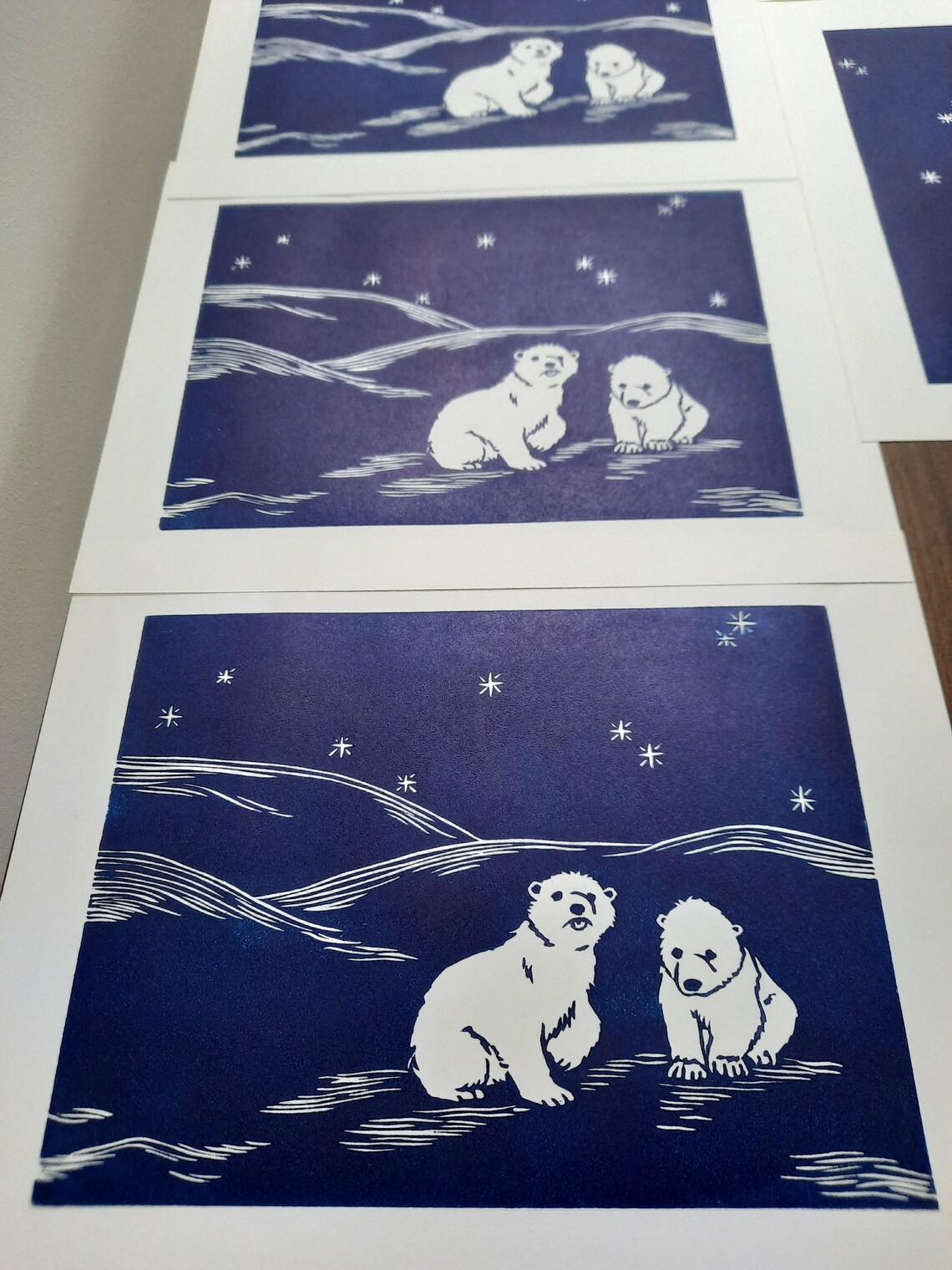Polar Bear Cubs in Snow Linocut Print Arctic Wildlife Art Handcrafted ...